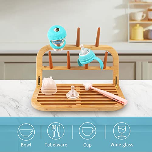 SILICOCO Baby Bottle Drying Rack, Bamboo Dish Drying Rack Foldable Organizer Holder with Locking Buckle, Baby Bottle Holder for Plastic Bags, Cups, Accessories