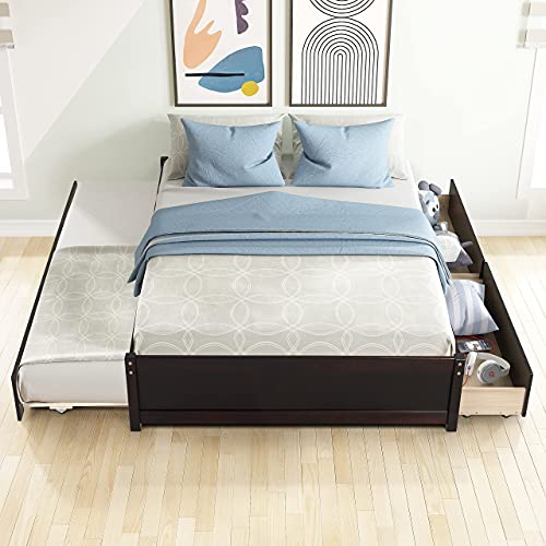 Full Size Bed Frame with Trundle and Storage, Platform Bed with Solid Wood Slat Support, Full Bed Frame with Twin Size Trundle Bed & 2 Storage Drawers, Noise Free, No Box Spring Needed (Espresso)
