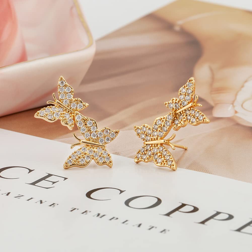 CZ Butterfly Studs Earrings - 14K Gold Plated CZ Pave Butterfly Earrings for Women,Good Gift for Sister,Lover (Gold - A)