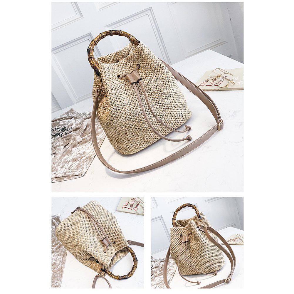 QZUnique Straw Bucket Bags for Women Top Handle Drawstring Woven Handbag Shoulder Bag Summer Beach Purses with Bamboo Handle