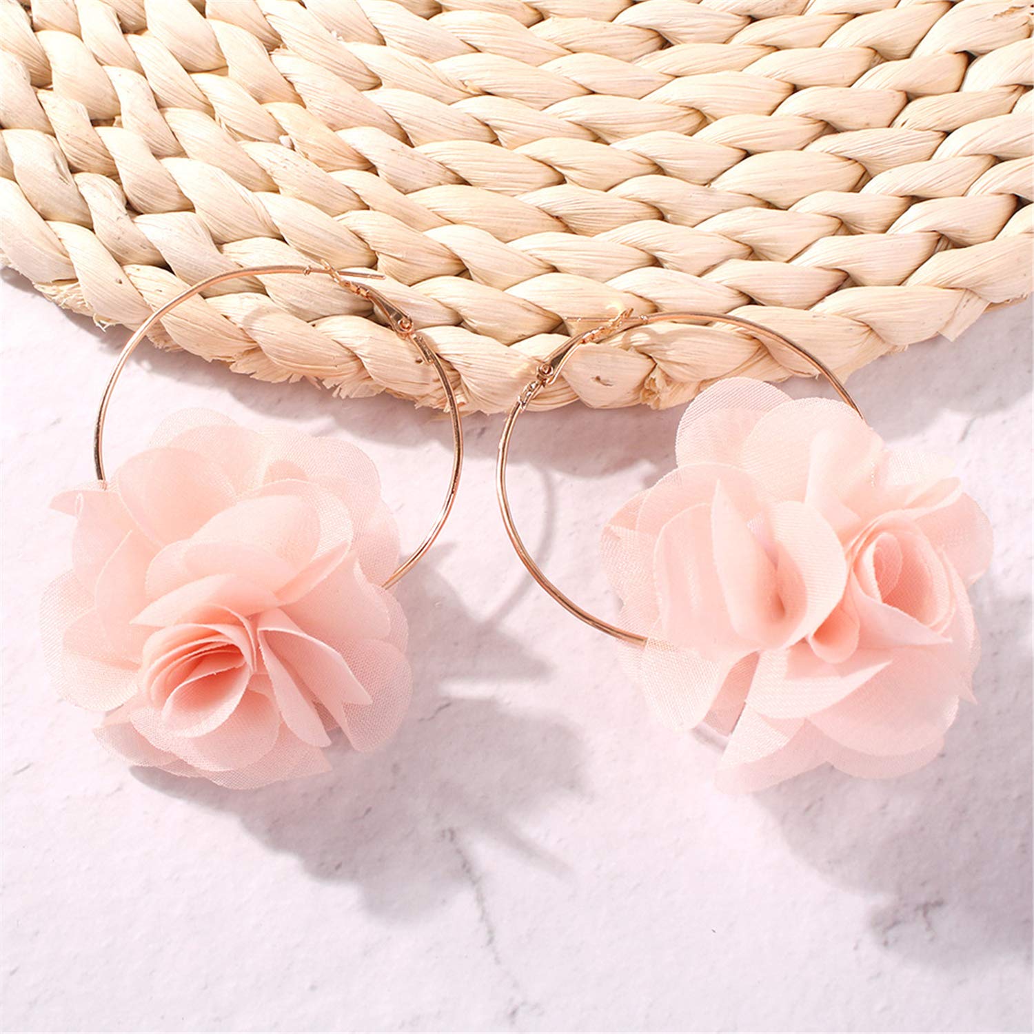 DAMLENG Lightweight Bohemian Big Fabric Flowers Dangle Drop Earrings Handmade Charm Chic Petal Hoop Earrings with Chiffon Floral Tassel for Women Vacation Wedding (Pink)