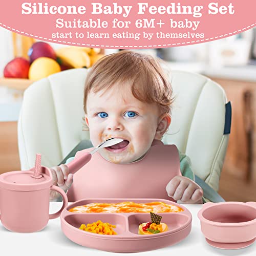Silicone Baby Feeding Set, Baby Led Weaning Supplies with Suction Bowl Divided Plate, Toddler Self Feeding Dish Set with Spoons Forks Sippy Cup Adjustable Bib, Eating Utensils for 6+ Months(Pink)
