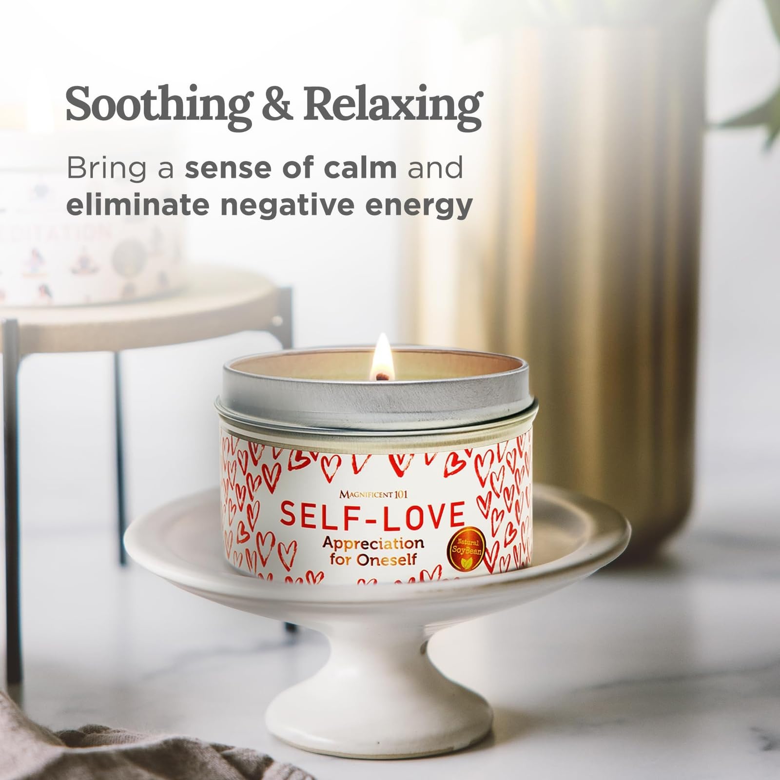 Magnificent 101 Long Lasting Self-Love Aromatherapy Candle β 6 Oz - 30 Hour Burn | Made of Sage Rose Lavender Scented Soy Wax Candle for Appreciation for Oneself, Purification & Manifestation