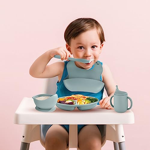 Silicone Baby Feeding Set, FOTEEMO Led Weaning 11-Piece Feeding Eating Supplies Self Feeding Baby Utensils Eating Suction Bowl For 6+ Months Toddler (Blue)