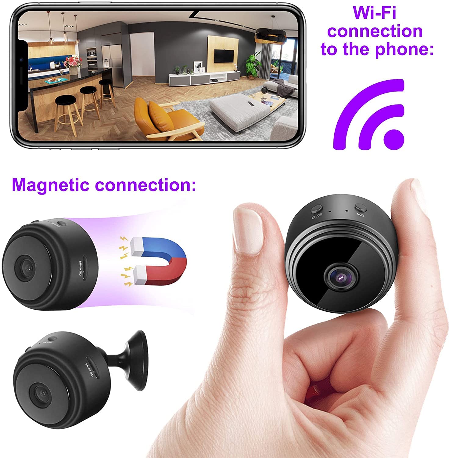 MDGLSYEE SHPTDJTIC Wireless Security Camera Mini Camera Outdoor/Indoor with Audio, Home Surveillance Camera, 1080P IP HD Build-in Battery 350mah,Infrared Night Vision, HDWIFI(3-Pack)
