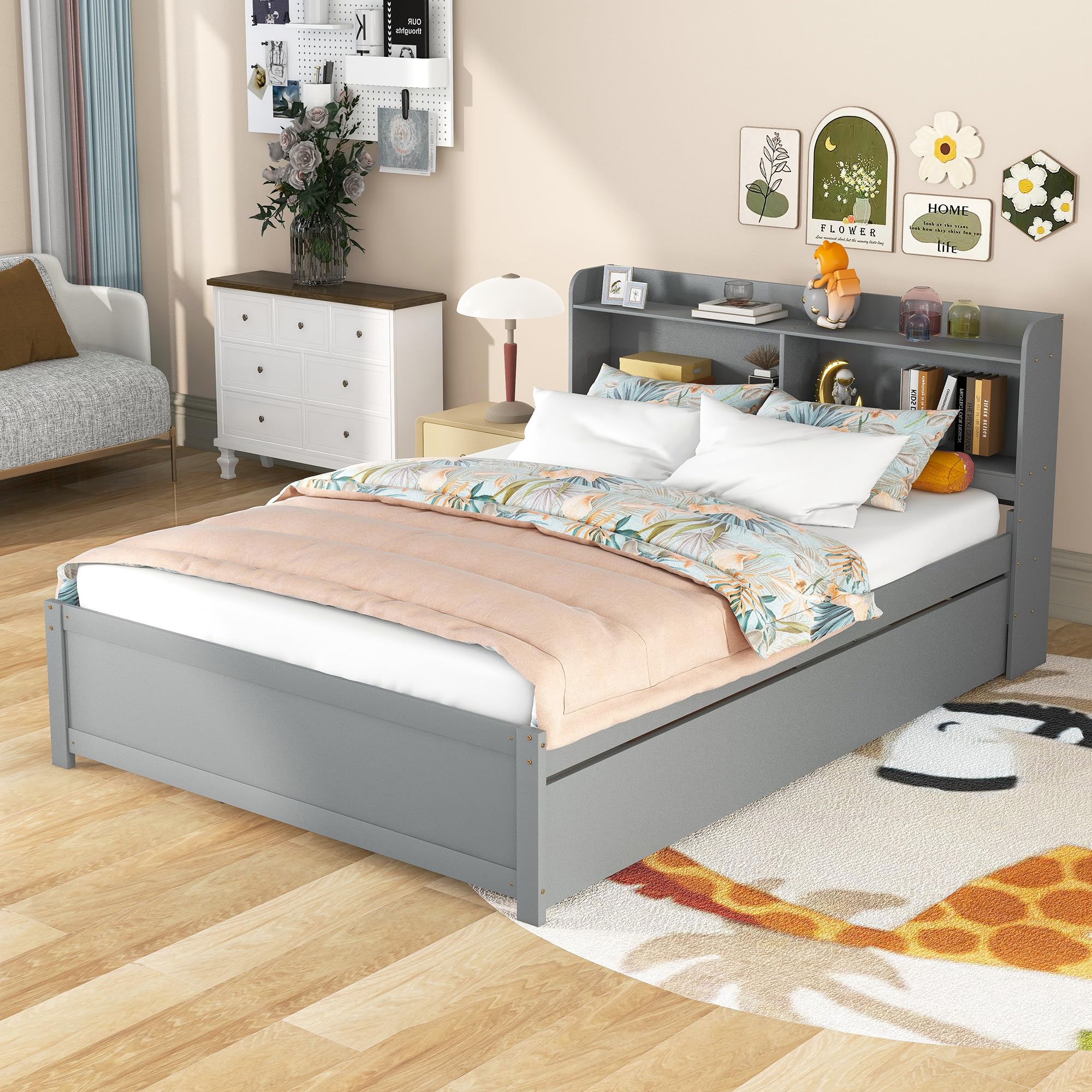 Full Size Bed Frame with Trundle,Captainās Bed Full with Bookcase Headboard for Kids,Trundle Bed with Storage for Kids,Teens,Adults(Grey)