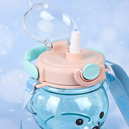 Kawaii Bear Straw Bottle,Large capacity bear water bottle with Strap and Straw , Cute Portable Bear shaped water Bottle Adjustable Removable Strap for outdoor and school activities(blue)