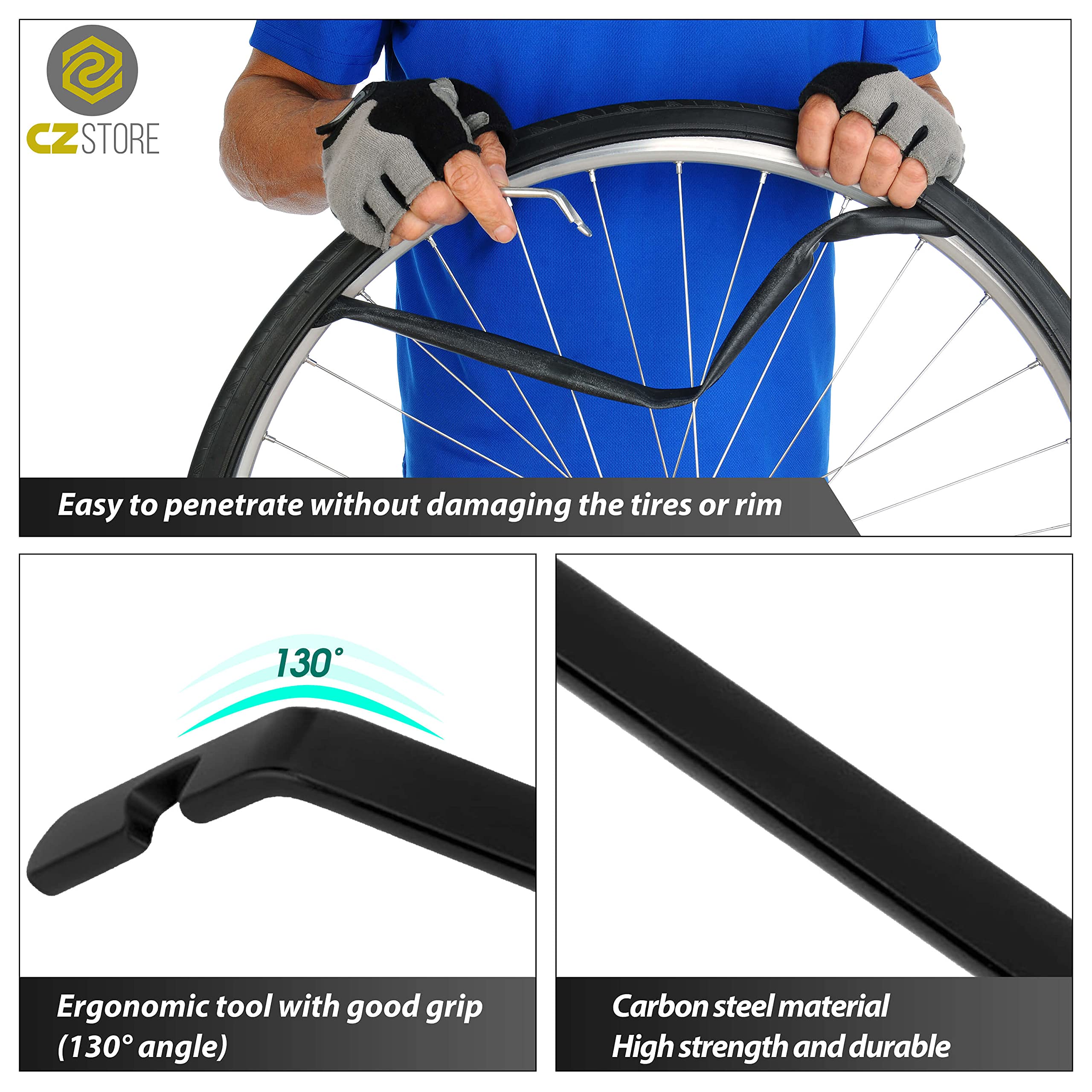 CZ Store✮✮ - Bike Tire Lever | Set of 3 | Durable, Solid Stainless Steel Biking Tools - Portable Bicycle Iron with Curved Hook End - BMX, MTB Repair & Maintenance Accessories