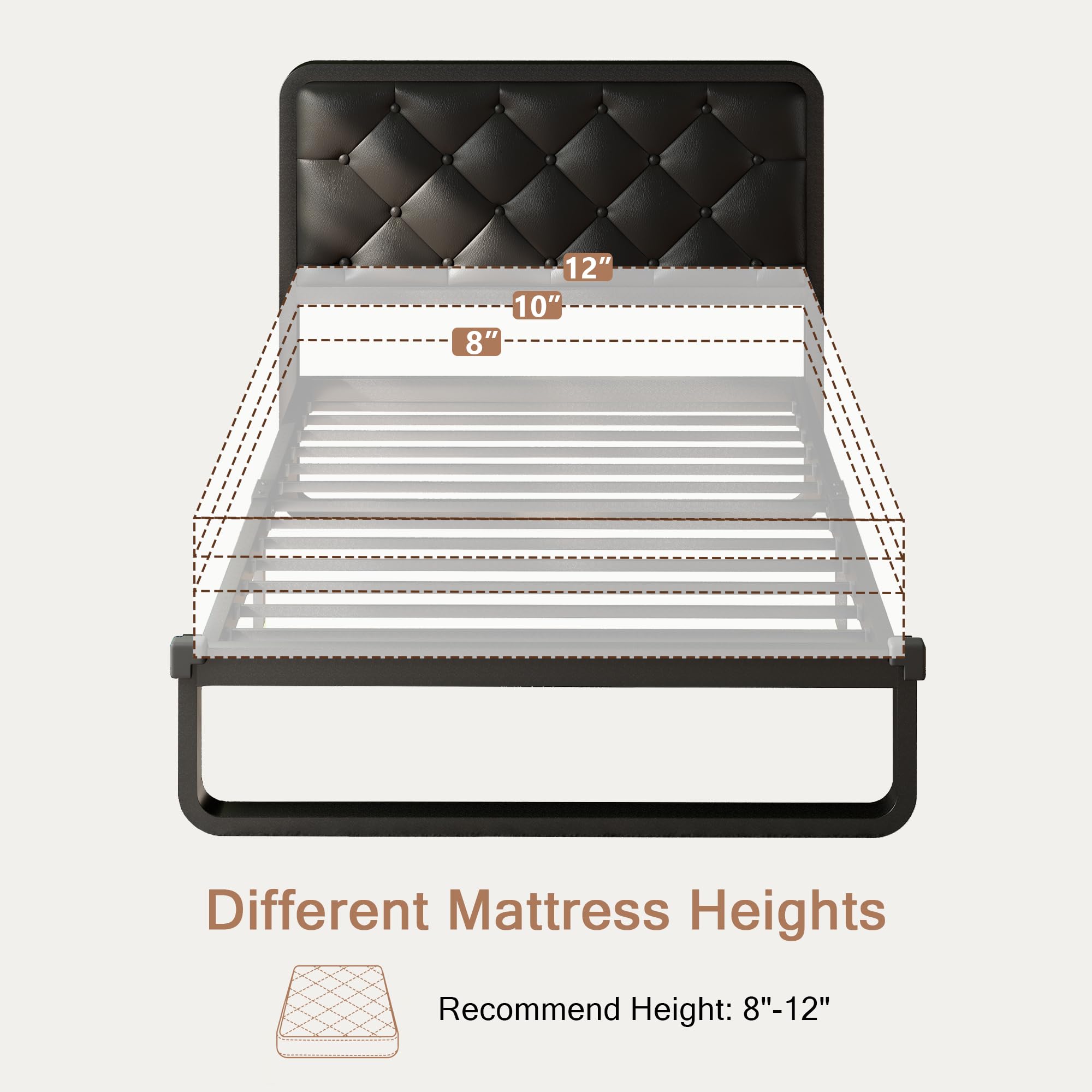 Einhomn Metal Twin Bed Frame with Button Tufted Upholstered Headboard, Curved Platform Bed Frame with 12 Inch Under Bed Space, Strong Heavy Duty Slats, No Box Spring Needed, Noise-Free, Black