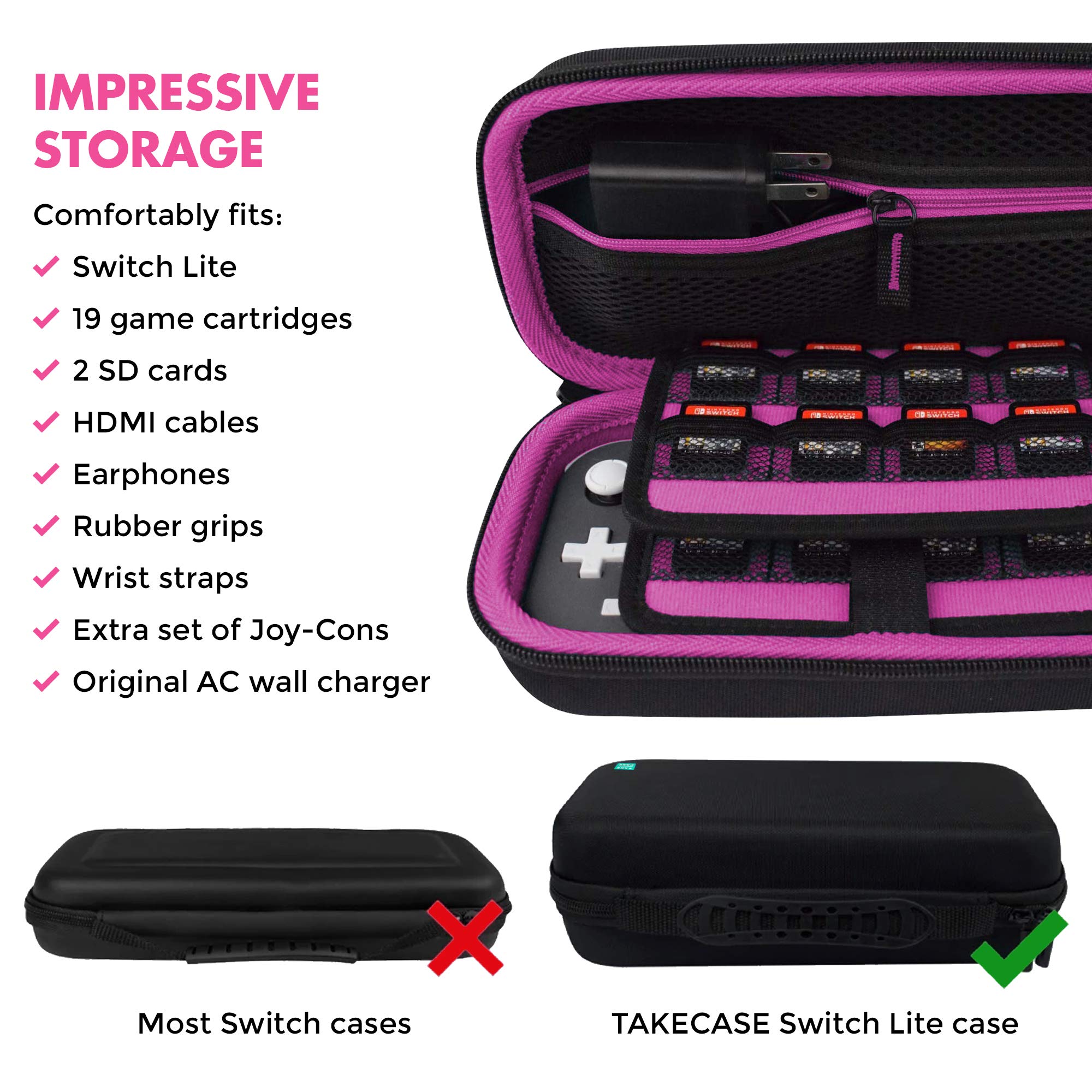 TakeCase Carrying Case Compatible with Nintendo Switch Lite - Includes Pouch That Fits Adapter/Charger, Accessories, and 16 Games Storage - Perfect for Travel - Pink/Black