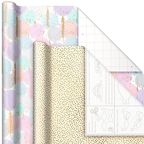 Hallmark Pastel Wrapping Paper Bundle with Cutlines on Reverse (6 Rolls: 130 Square Feet Total) Pink, Gold, Blue for Birthdays, Weddings, Bridal Showers, Baby Showers and More
