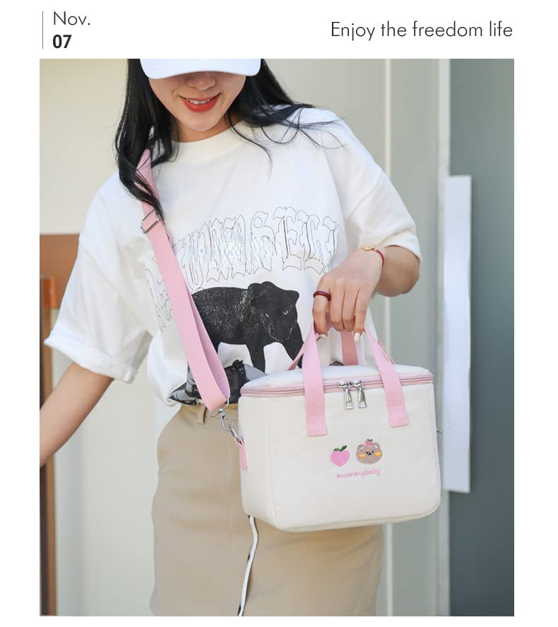 Kawaii Lunch Bag Cute Embroidery Lunch Box Reusable Thermal Cooler Lunch Tote Bag for Back to School Supplies (Pink)