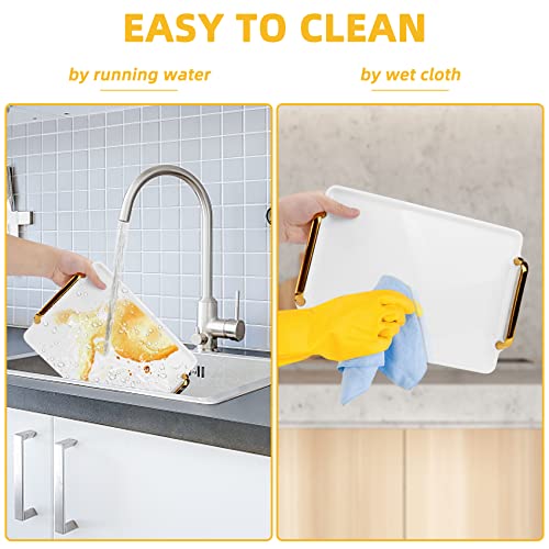 Serving Tray with Handles, 2 Pack (16inches & 12inches) White Plastic Serving Trays for Breakfast, Decorative Trays with Gold Handles for Coffee Table & Living Room