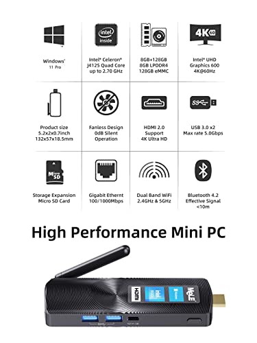 MeLE PCG02 Fanless Mini PC Stick Desktop Computer Windows 11 Pro J4125 8GB 128GB HDMI Compute Stick, Support PXE Unlocked Bios, Micro PC Auto Power on Industry IoT Media Business Office Linux