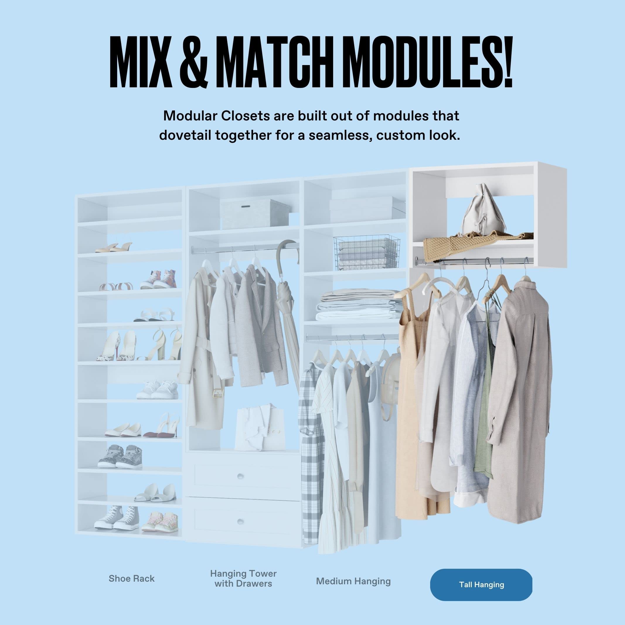 Tall Hanging Closet Unit - Modular Closet System for Hanging - Corner Closet System - Closet Organizers and Storage Shelves (White, 27 inches Wide) Closet Shelves