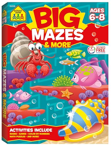 School Zone - Big Mazes & More Workbook - 320 Pages, Ages 6 to 8, 1st Grade, 2nd Grade, Learning Activities, Math Puzzles, Games, Color By Numbers, and More (School Zone Big Workbook Series)