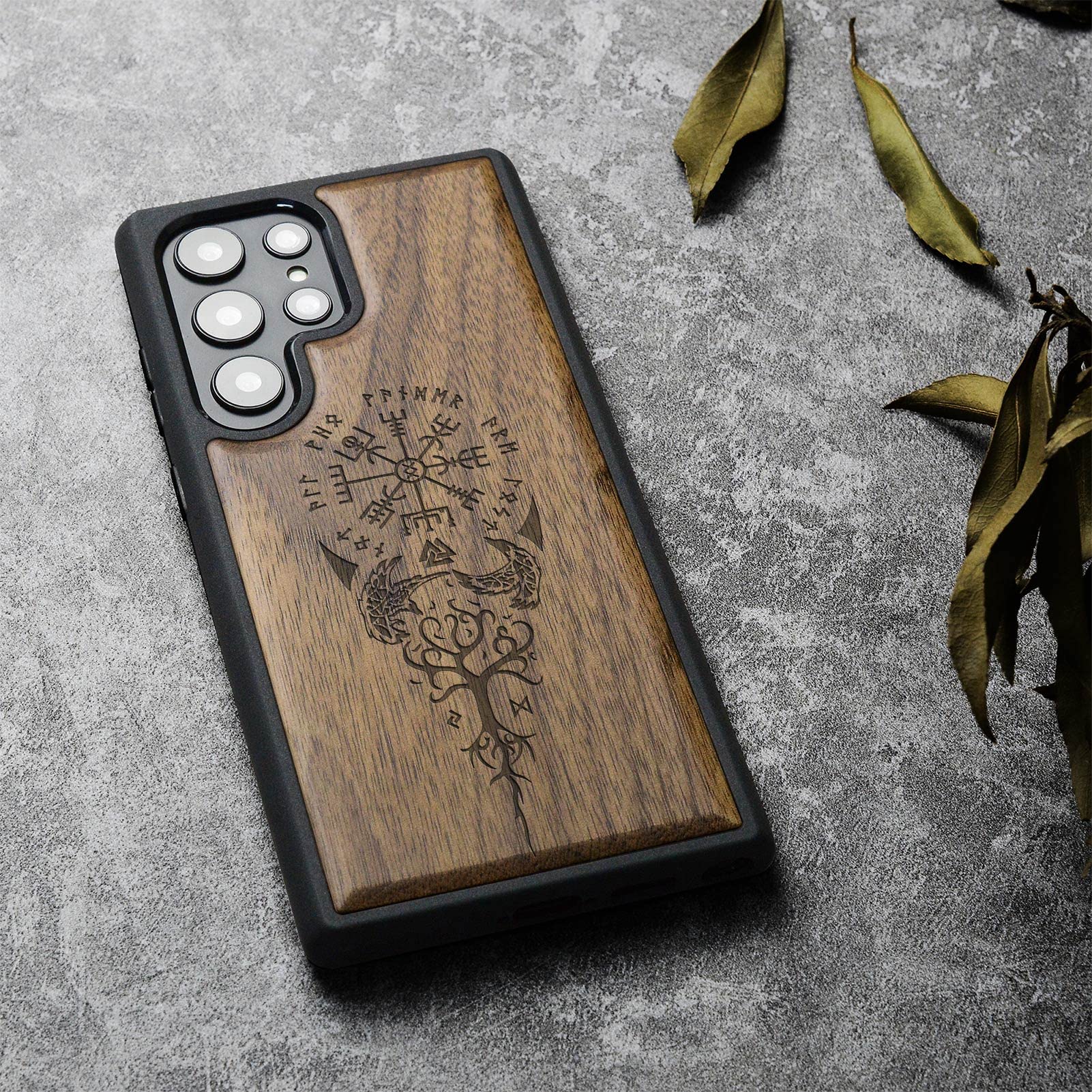 Carveit Wood Case for Galaxy S23 Ultra Case 2023 [Natural Wood & Black Soft TPU] Shockproof Protective Cover Unique & Classy Wooden Case Compatible with Samsung S23 Ultra (Viking Compass-Walnut)