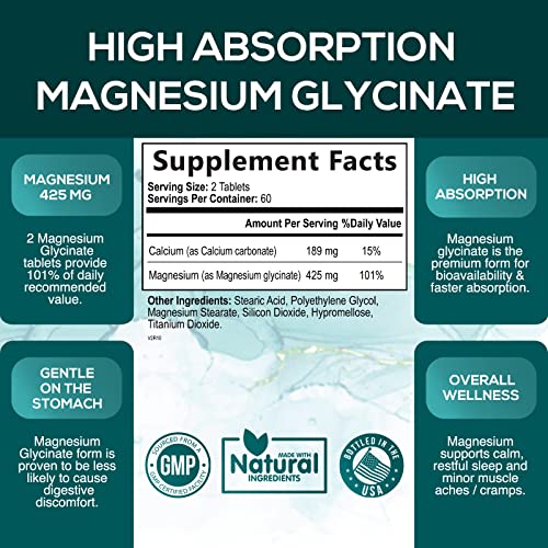 Magnesium Glycinate 425 mg with Calcium - Max Absorption Magnesium Tablets for Muscle, Nerve, Bone & Heart Health Support - Vegan, Non-GMO, Gluten Free Nature's Nutrition Supplement - 120 Tablets