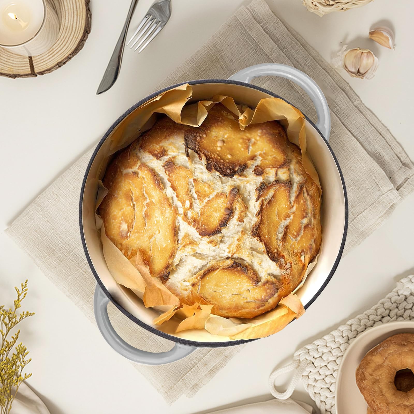 Gacuray 4.5Qt Enameled Cast Iron Dutch Oven Pot with Lidnd Dual Handles Heavy Duty Non-Stick Cream White