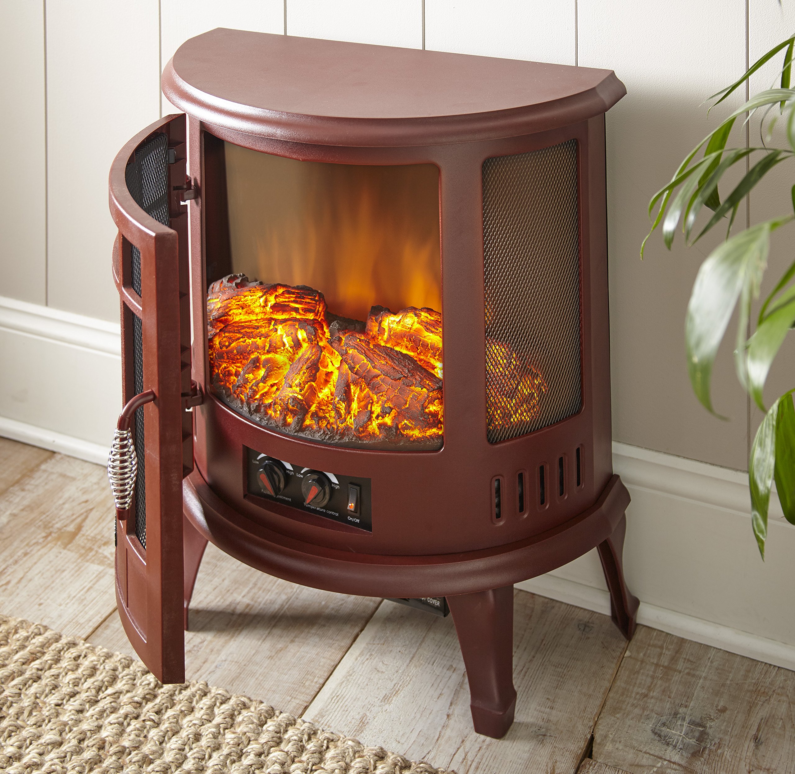 e-Flame USA Regal Freestanding Electric Fireplace Stove - 3-D Log and Fire Effect (Red)
