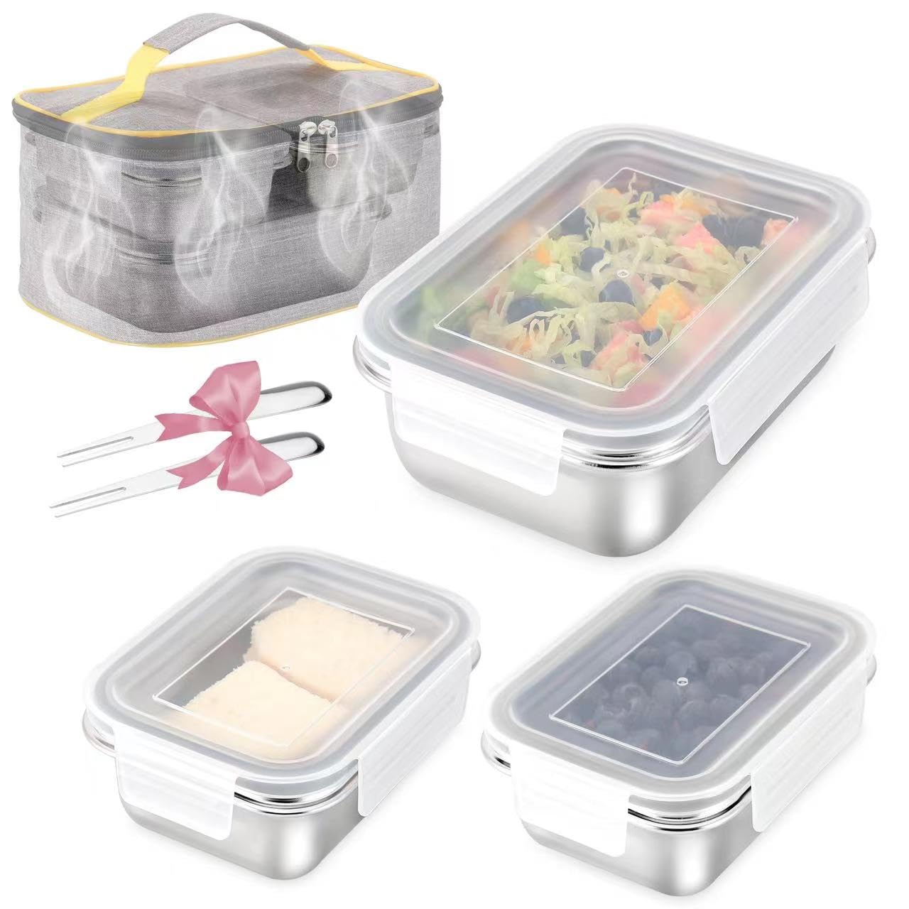 Cykorxicc 304 Stainless Steel food Containers with Lids for kids & adults, Leakproof lunch box with Insulated Bag & Utensils, Meal Prep Snack Containers for Daycare/School(31oz+14oz*2)