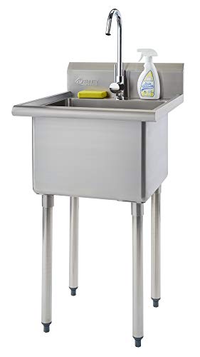 TRINITY THA-0307 Basics Stainless Steel w/Faucet Utility Sink & ROCKPOINT Stainless Steel Table for Prep & Work with Backsplash 30x24 Inches, NSF Metal Commercial Kitchen Table