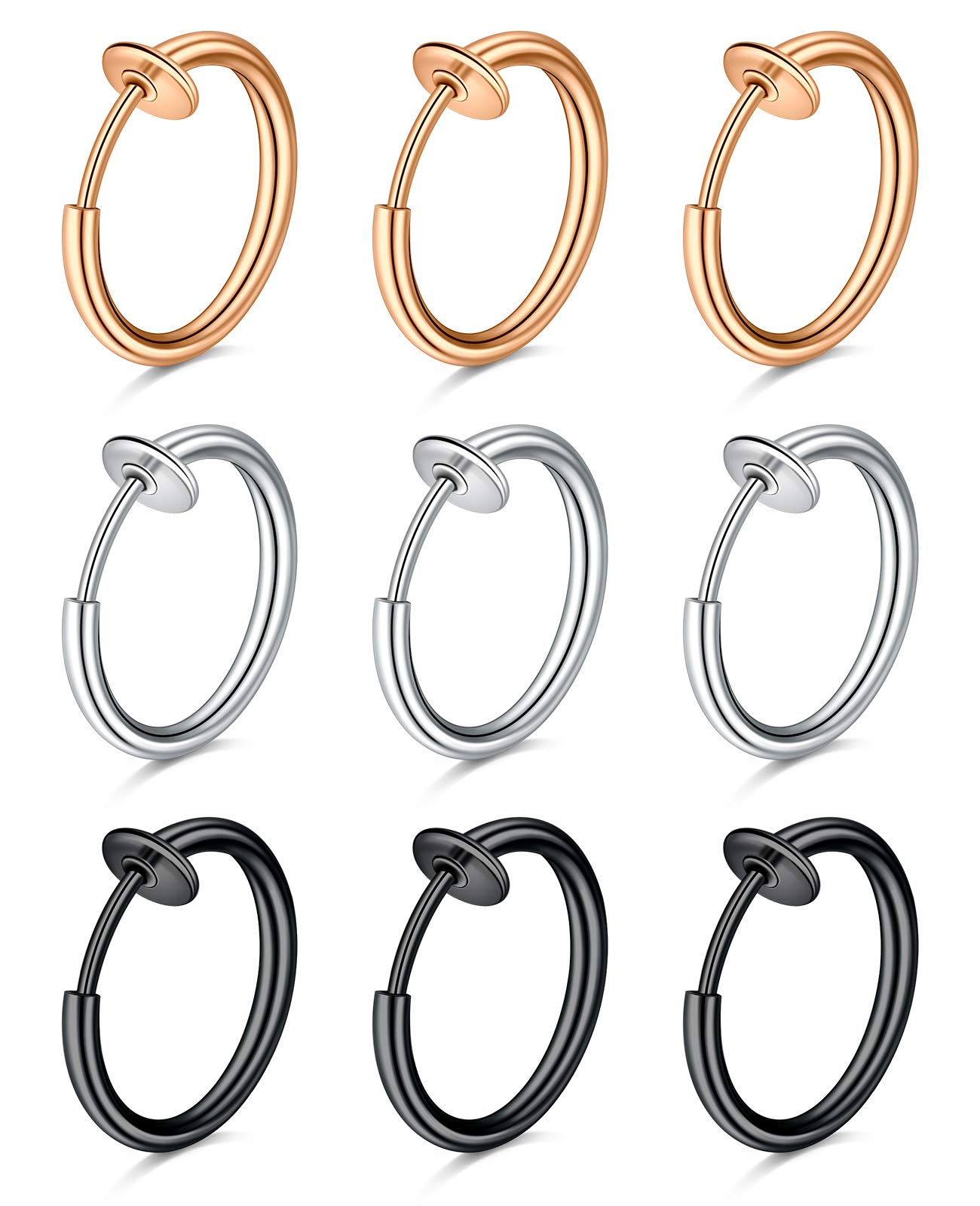 D.Bella Fake Nose Rings Hoop Clip on Spring Fake Hoop Earring Stainless Steel Retractable Faux Helix Cartilage Ear Lobe Conch Earrings Fake Nose Lip Ear Piercing Jewelry for Women Men