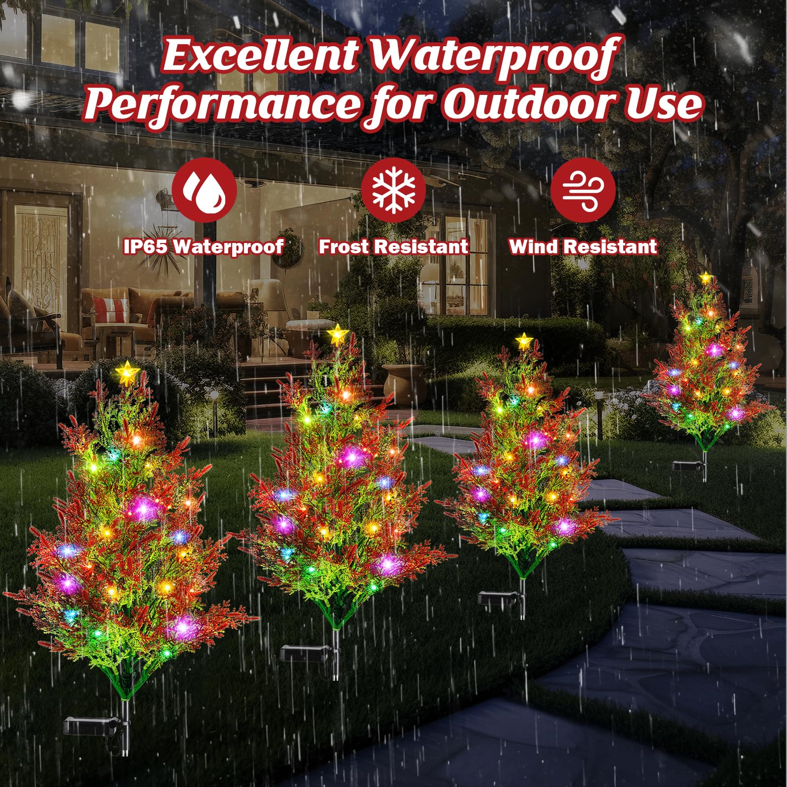 Christmas Decorations Outdoor Solar Lights: 4 Pack Upgraded 10 LED Solar Christmas Tree Lights, 2 Lighting Modes Outside Waterproof Solar Christmas Stake Lights for Yard Garden Pathway Lawn Xmas Decor