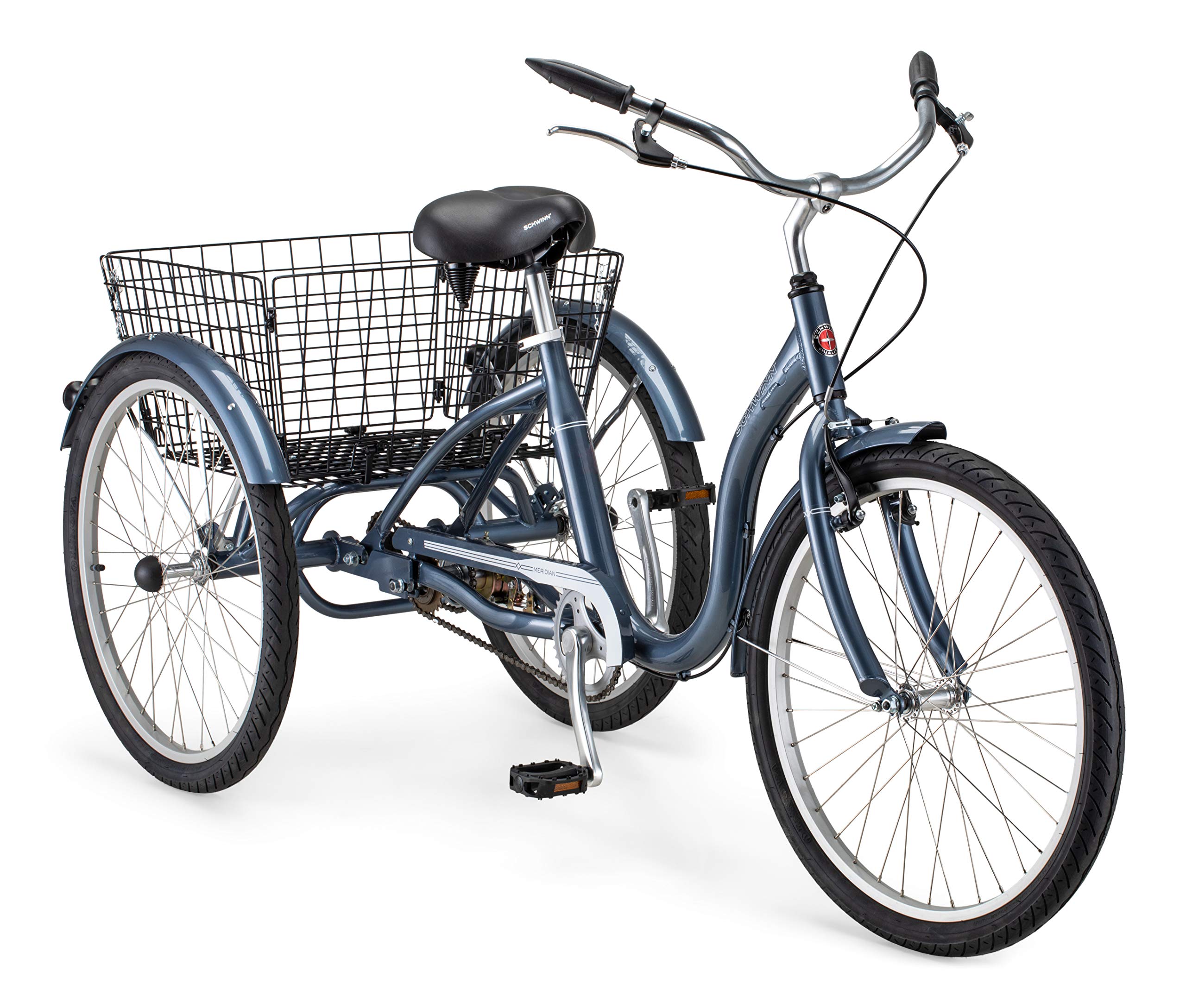 Schwinn Meridian Adult Tricycle Bike, Mens and Womens Three Wheel Beach Cruiser, 24-Inch Wheels, Low Step-Through Frame, Wide Seat, Rear Folding Basket, 1-Speed, Slate Blue