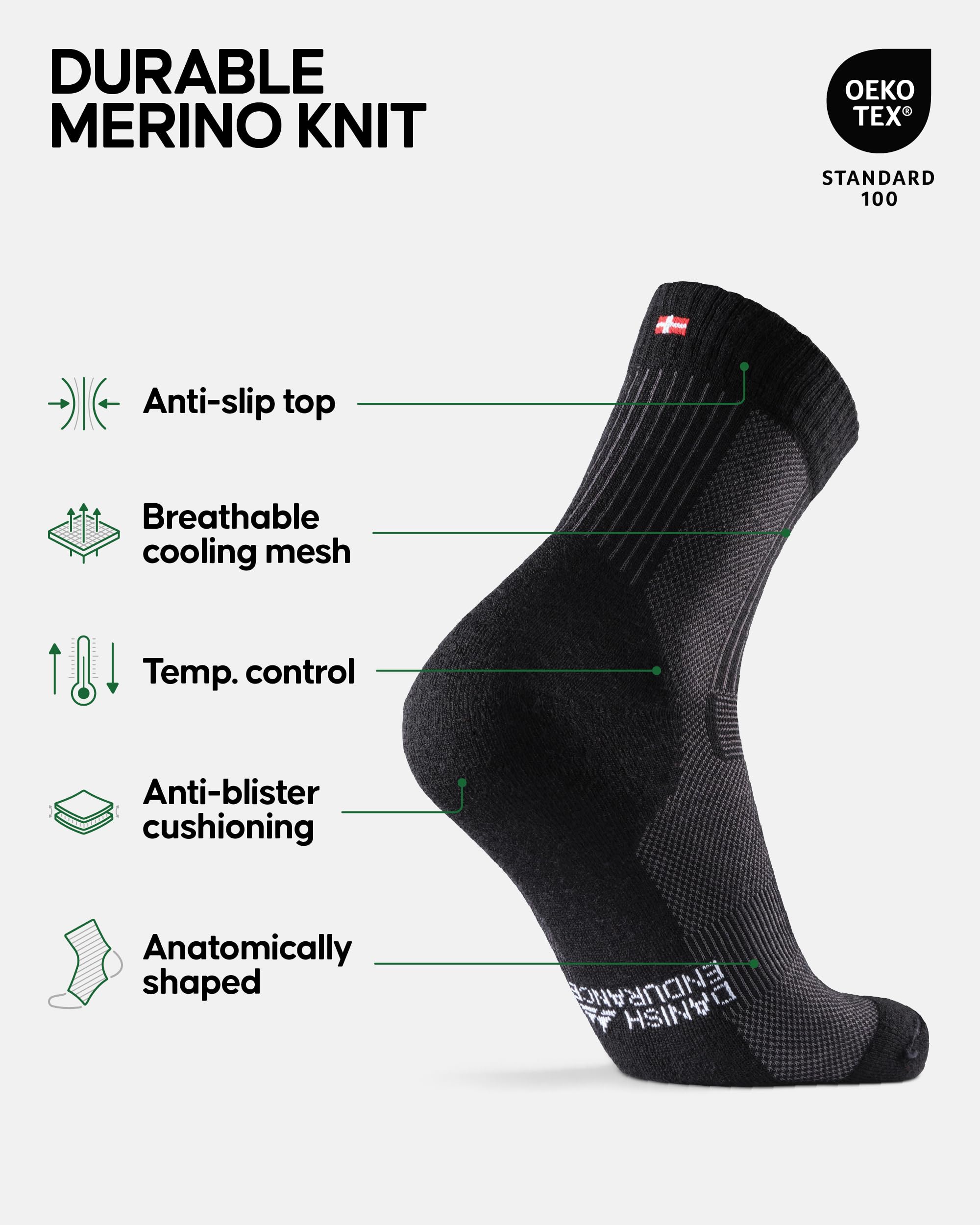 DANISH ENDURANCE Merino Wool Light Hiking Socks, Cushioned & Moisture Wicking Hiking Socks, Men, Women & Kids, 3 Pack