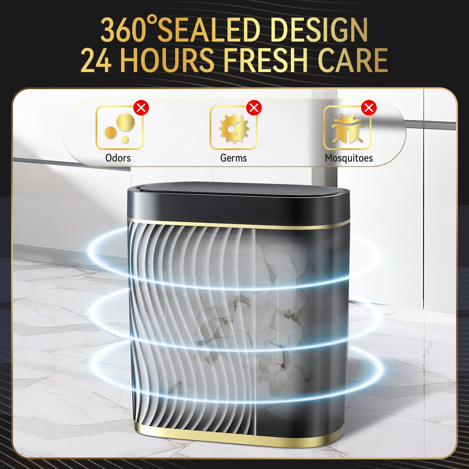 GloDeals Automatic Bathroom Trash Can with Lid: 2 Gallon Motion Sensor Trash Can, Touchless Small Bathroom Trash Bin, Waterproof Smart Garbage Can for Bathroom, Bedroom, Office, rv(Black)