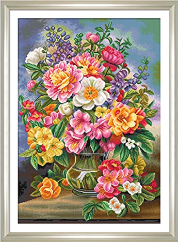 Magxvouy Beginners Cross Stitch Kits Stamped Full Range of Embroidery Kits for Adults DIY Cross Stitches kit Embroidery Patterns for Needlepoint kit- Brilliant Flowers 15.7x21.7 inch