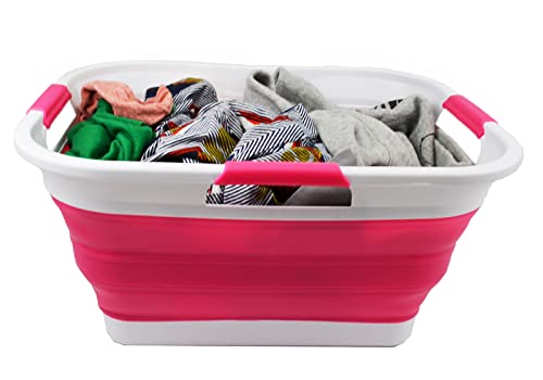 SAMMART 30L(8 gallon) Collapsible Plastic Laundry Basket - Foldable Pop Up Storage Container/Organizer - Space Saving Hamper/Basket - Water Capacity 24L(6.3 gallon) (White/Rose Pink)