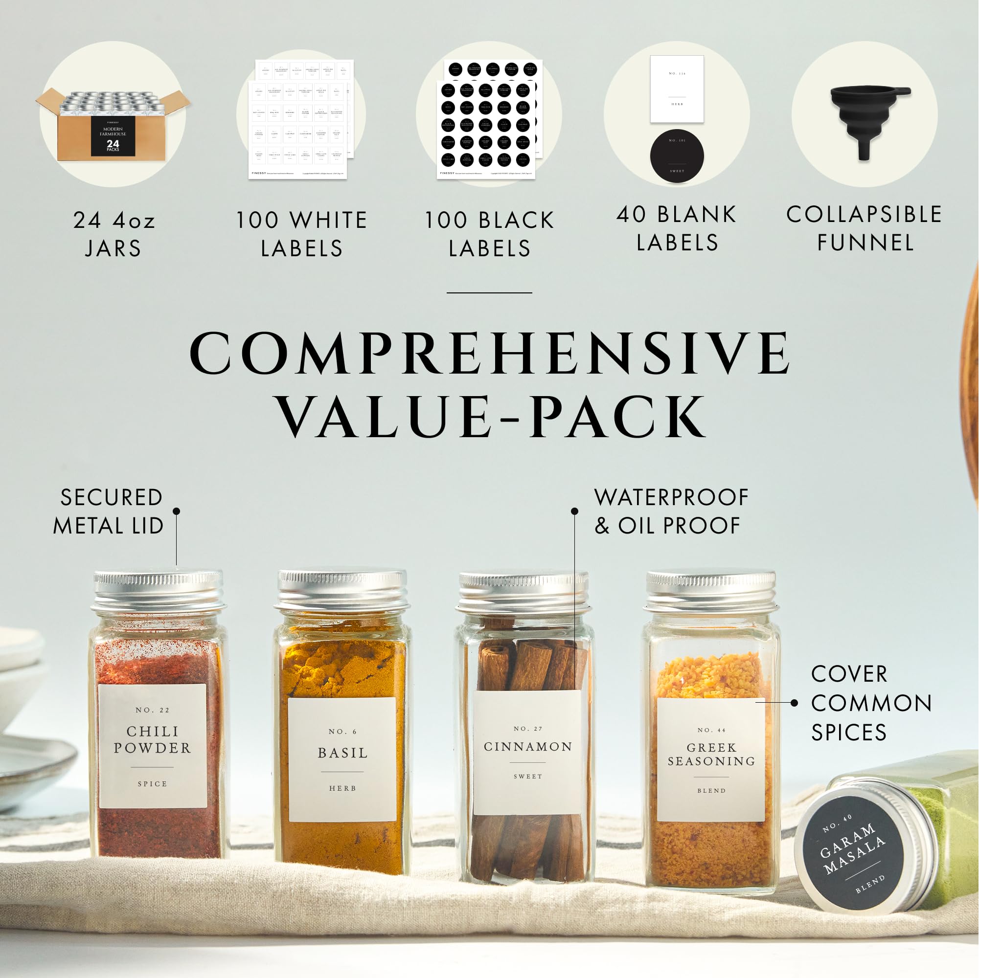 FINESSY Empty Glass Spice Jars with Label 24 Pack, 4 oz Glass Spice Jars with Shaker Lids, Spice Bottles Empty Glass with Labels, Glass Spice Containers with Labels and Lids, Seasoning Containers