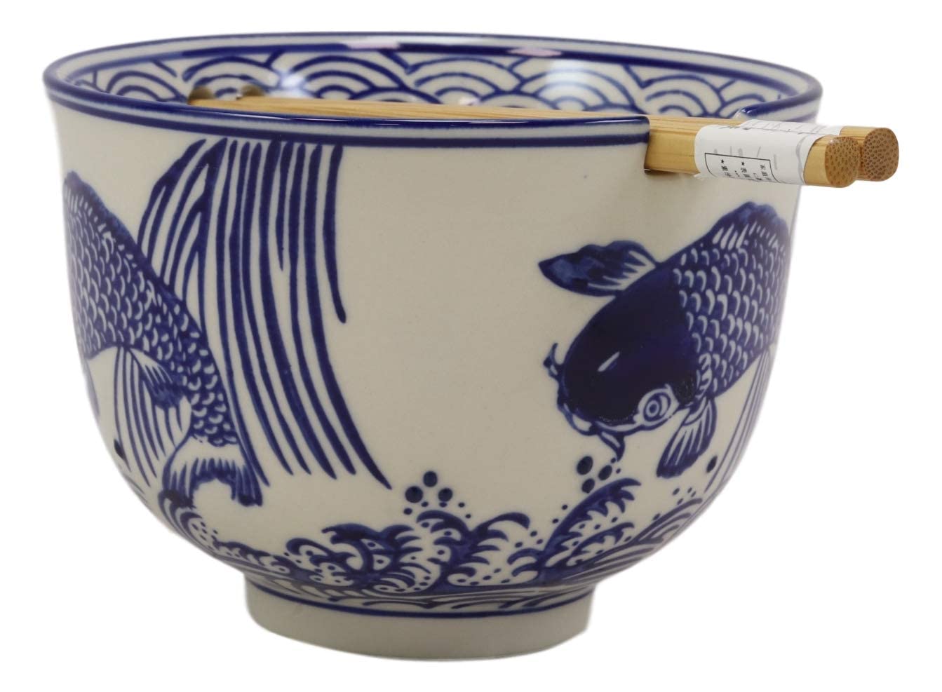 Ebros Ming Style Zen Blue White Koi Fishes By Waterfall Ramen Udong Noodles 5" Diameter Bowl With Built In Chopsticks Rest and Bamboo Chopstick Set for Dining Soup Rice Meal Cereal Bowls Decor Kitchen
