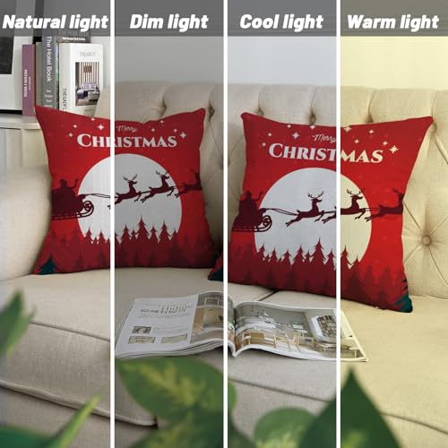 Christmas Deer Pillow Covers Moon Tree Snowflakes Animal Square Soft Linen Pack of 2 Throw Pillow Covers Home Decorative,red,18x18 Inch