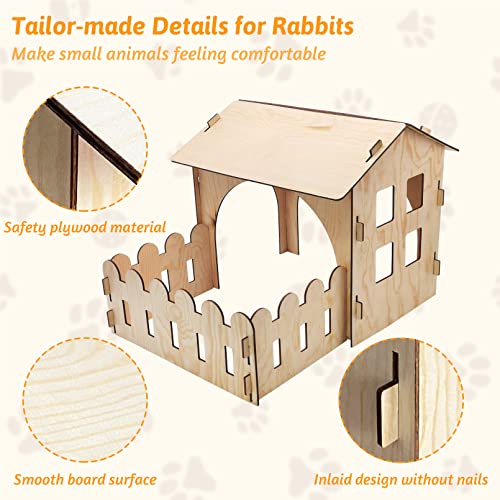 Fhiny Wooden Rabbit Castle Hideout with Fence, Small Animal Rest and Play House Hideaway with Window Detachable Rabbit Bed Hut Bunny Castle for Indoor Chinchilla Guinea Pig Hedgehog