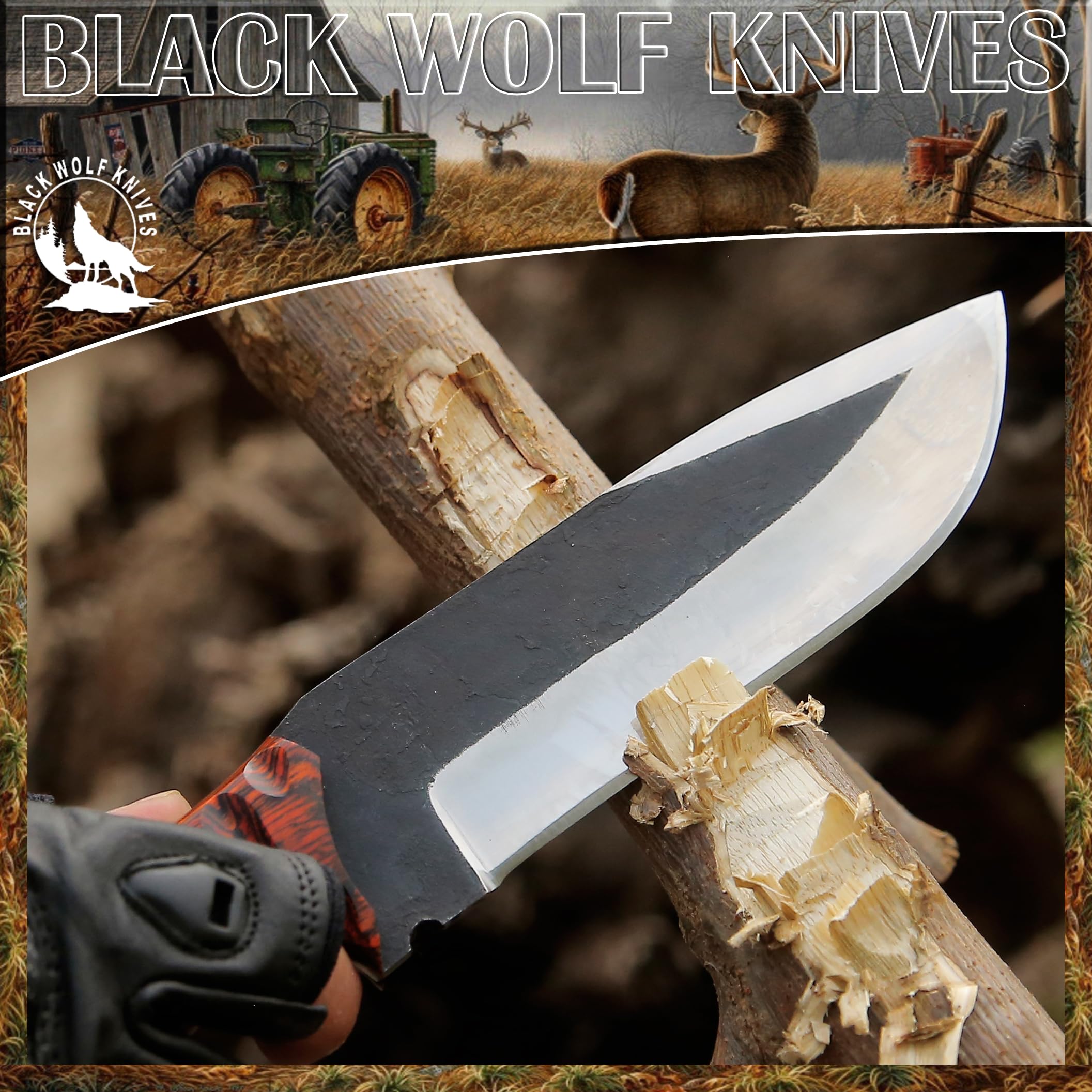 D2 Steel Hunting Knife Fixed blade knife Densified Wood handle, Black Edge,Bush craft, Camping, with Cowhide Leather Sheath – BW-4150