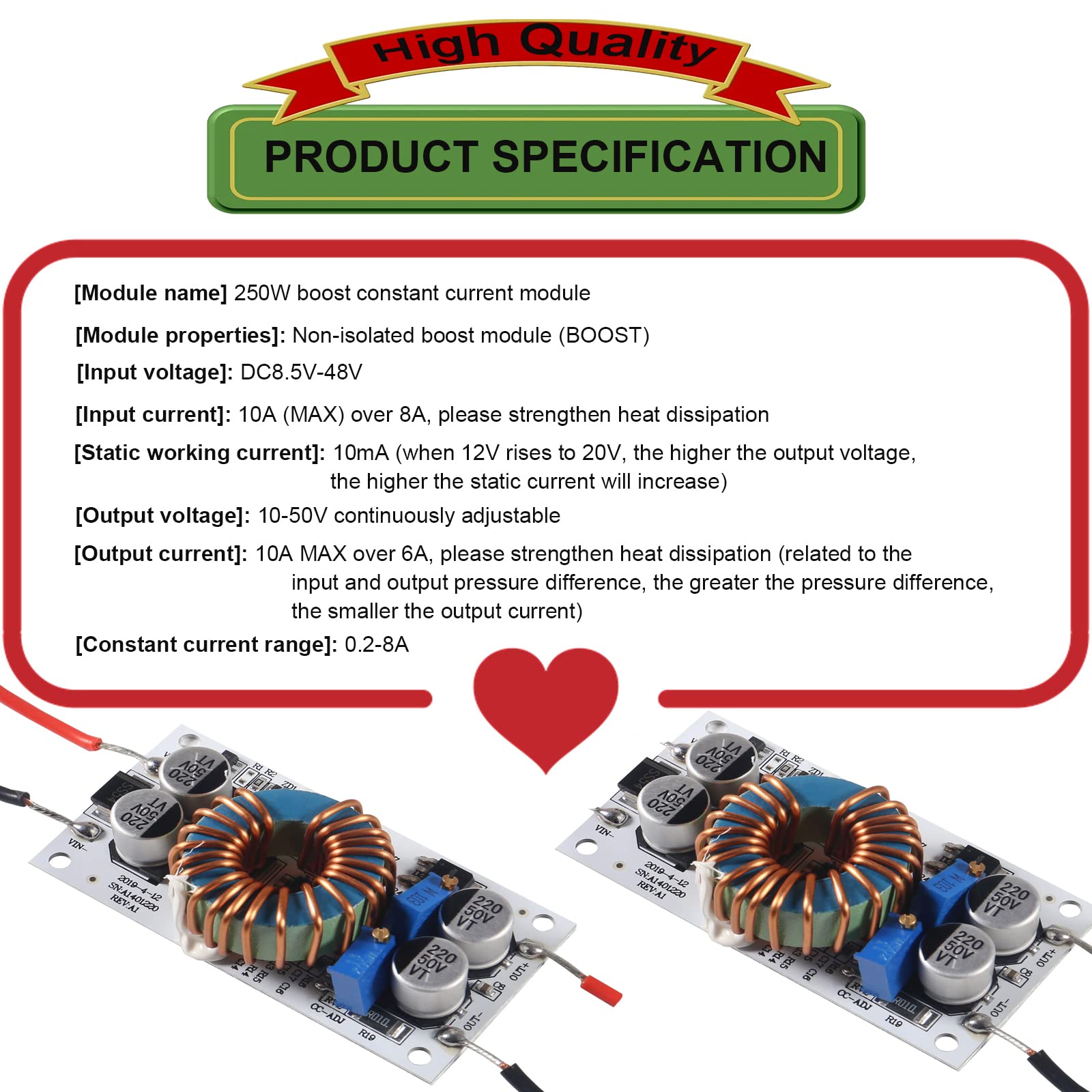 Diitao 2PCS 250W DC-DC Booster Converter Module,10-40V to 10-50V 10A Adjustable Step-Up Power Supply Module Constant Current Power Boost Converter Modules (250W)