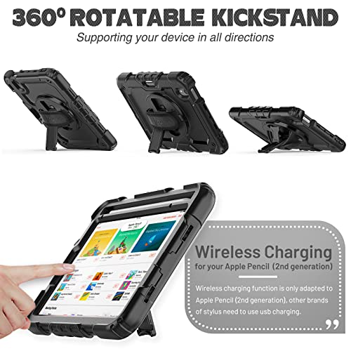 SEYMAC stock iPad Mini 6 Case 8.3’’ 2021 with Screen Protector Pencil Holder [360 Rotating Hand Strap] &Stand, Drop-Proof Case for iPad Mini 6th Generation 8.3'', Black