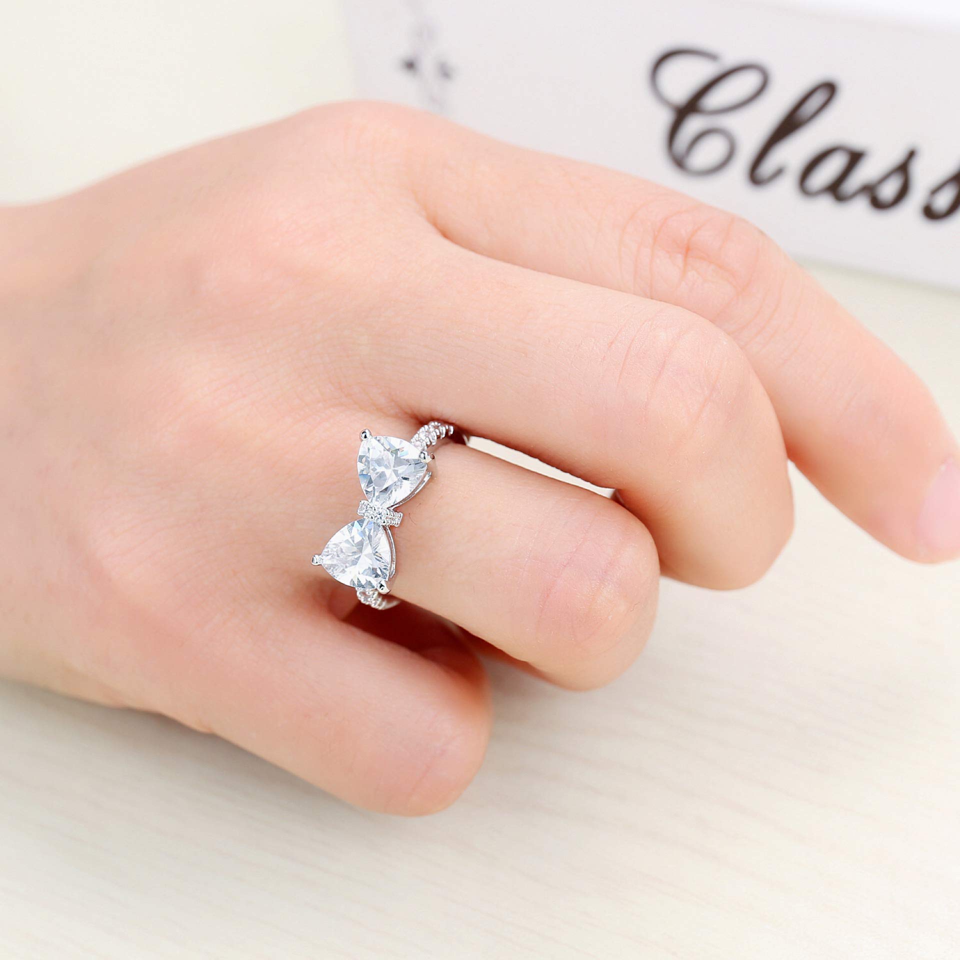 chenwei Size 6-10 white fashion bow ring heart-shaped cubic zirconia bow white gold plated eternity ring to give girlfriend a holiday gift (8)