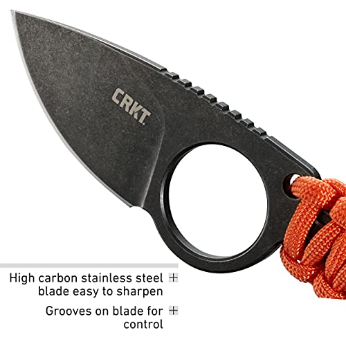 CRKT Tailbone EDC Knife: Everyday Carry Fixed Blade Drop Point Knife with Black Stonewash Finish, Orange Cord Wrapped Handle, Sheath 2415