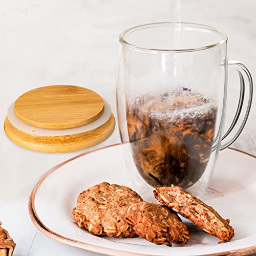 Eccliy 8 Pcs 16 oz Double Walled Glass Coffee Mugs Clear Coffee Mug Insulated Coffee Mugs with Handle and Bamboo Lid, Exquisite Clear Glass Cups for Coffee Tea Latte Cappuccino Espresso