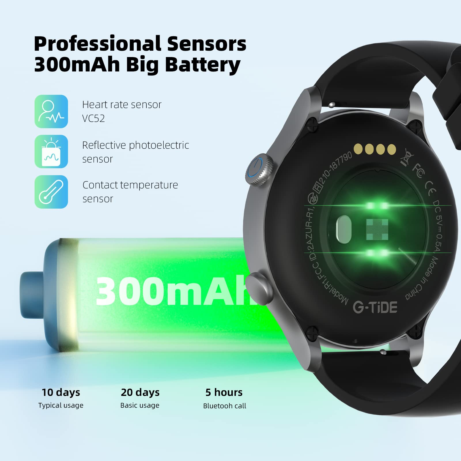 G-TiDE Smart Watch, Answer/Make Call, 300mAh Big Battery Smartwatch, VC52 Heart Rate Blood Oxygen Temperature Fitness Tracker, Bluetooth5.2 Smart Watch for Android/iOS, IP68 Waterproof, Black
