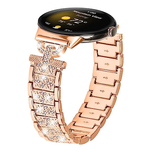 MVRYCE Compatible With Google Pixel 2022 WatchBand, Stainless Steel Watchband Bling Rhinestone Replacement Bracelet Adjustable Bands for Google Pixel SmartWatch 2022 Released (Rose Gold)
