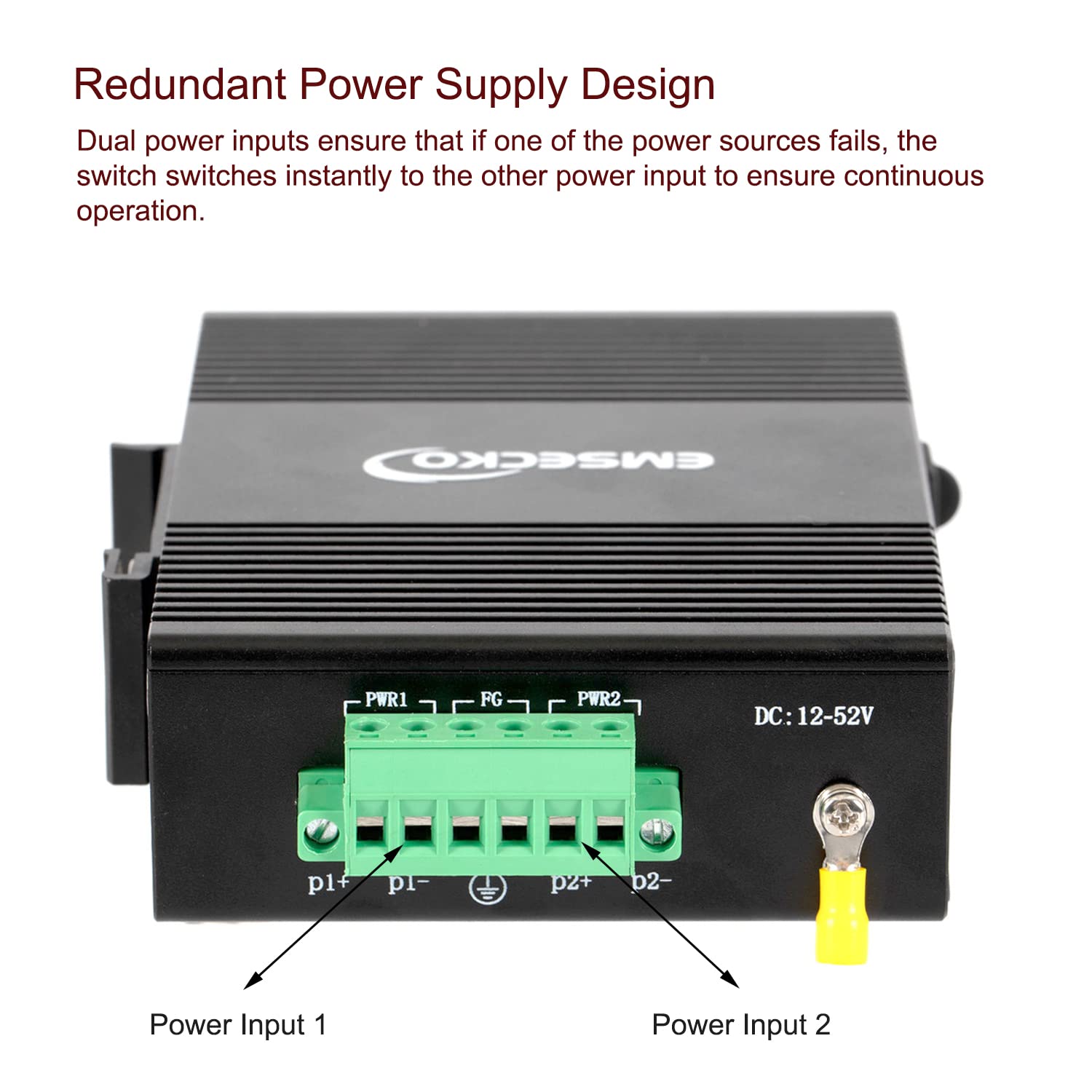EMSECKO 5 Ports Industrial Gigabit DIN-Rail Network Switch, 1000BASE 4 Ports RJ45 Ethernet & 1 Port Fiber Optic SFP for CCTV Networking (Anti-Reverse Connection 12V~52V DC Input)