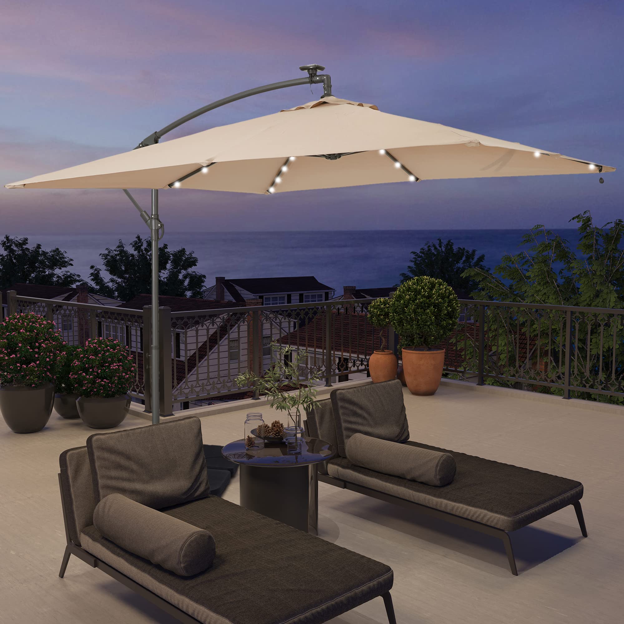 CASAINC 8.3FT Solar LED Patio Umbrella Offset Hanging Outdoor Umbrella with Base for Market Lawn Graden Backyard Balcony, Crank/Tilt, Multi Angle Adjustment-Beige
