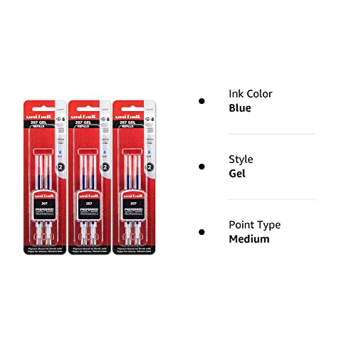 Uni-Ball Signo 207 Gel Pen Refills, 0.7mm, Medium Point, Blue Ink, Pack of 6