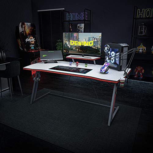 DESINO Gaming Desk 47 inch PC Computer Desk, Home Office Desk Gaming Table Z Shaped Gamer Workstation with Cup Holder and Headphone Hook, White