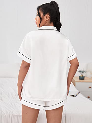MakeMeChic Women's Plus Size Satin Button Down Pajama Set Silk Short Sleeve Sleepwear White 4XL